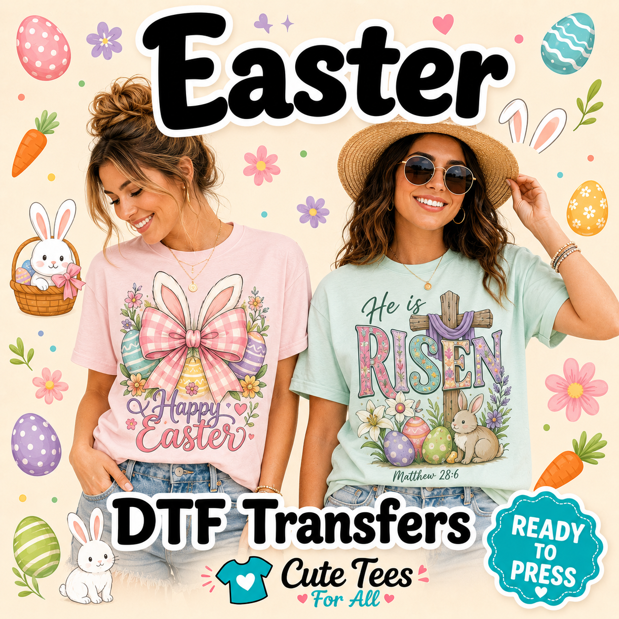 Easter DTF Heat Transfers – Ready to Press for Shirts & Hoodies – Cute ...